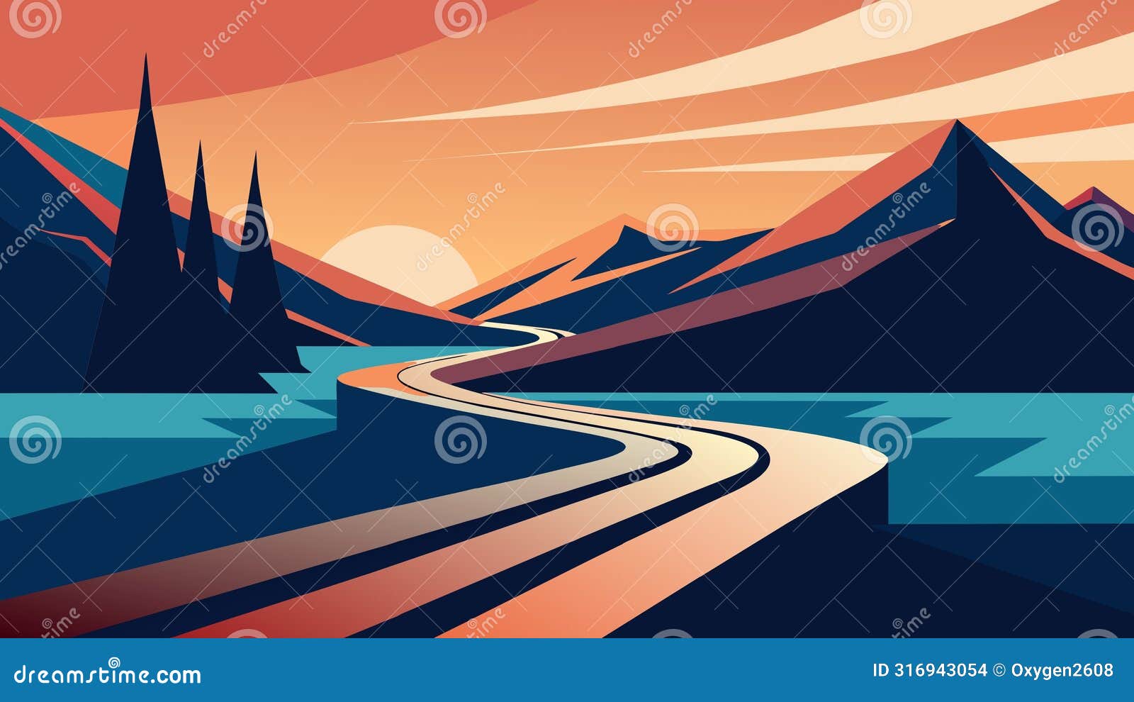 Serene Sunset Mountainscape with Winding Road Stock Photo ...
