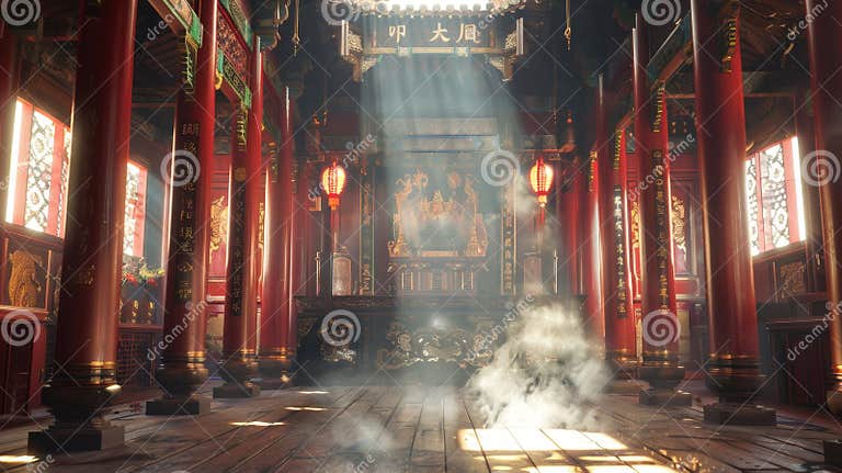Serene Temple Interior with Light Rays, Dust Particles, and Dramatic Shadows Reflecting Wisdom ...