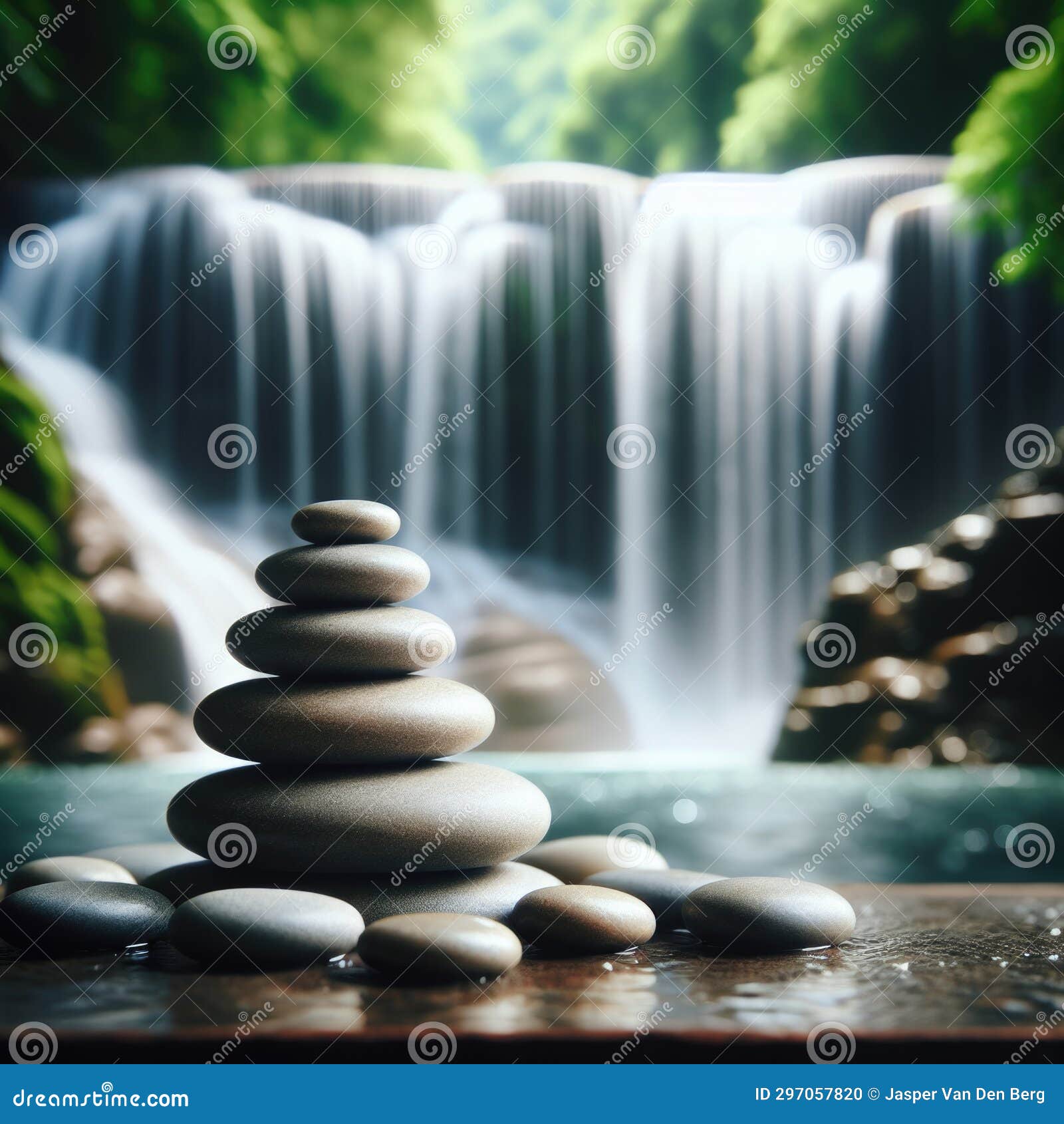 Zen Stones in Front of a Waterfall, AI Generated Stock Illustration ...