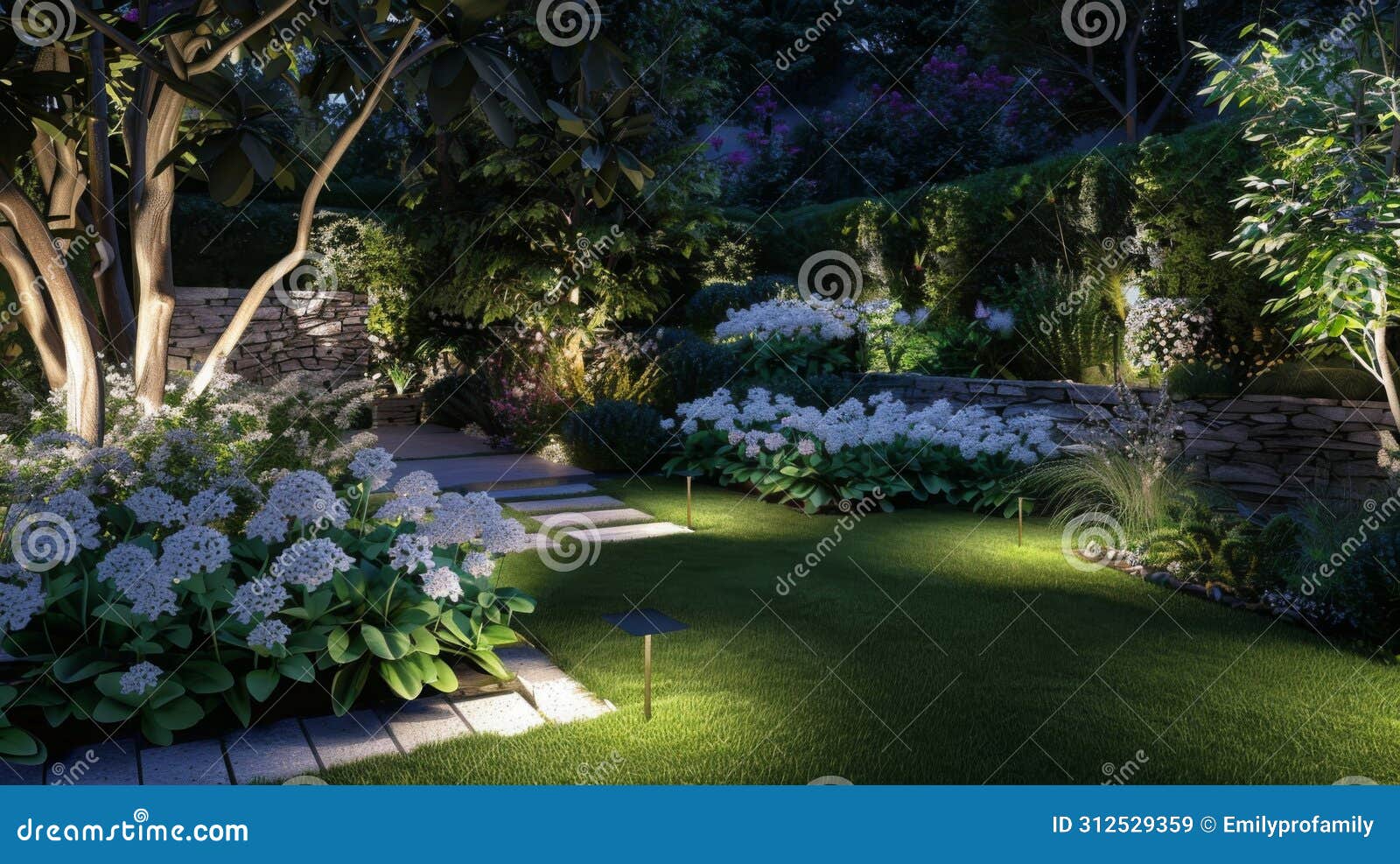 Serene Twilight Garden Path with Blooming Hydrangeas Stock Image ...