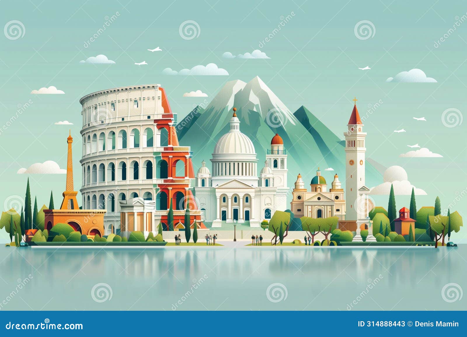Reflective Italian Landmarks at Dusk AI Generated Stock Illustration ...