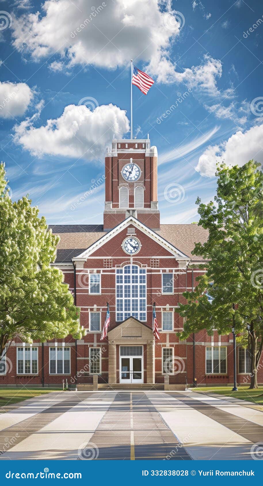 A Serene View of a Classic Brick School Building with Clock Tower Under ...