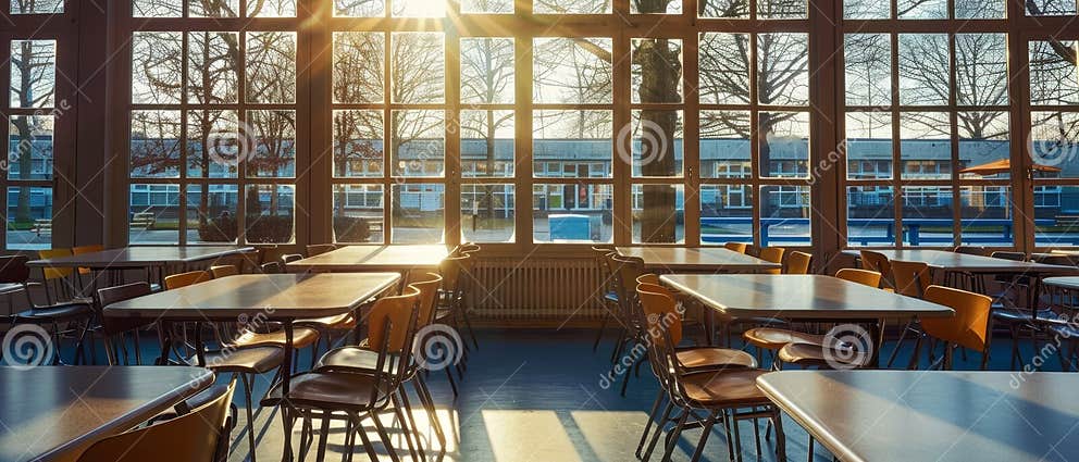 A Serene View from Inside a School, with Large Windows Overlooking Bare ...