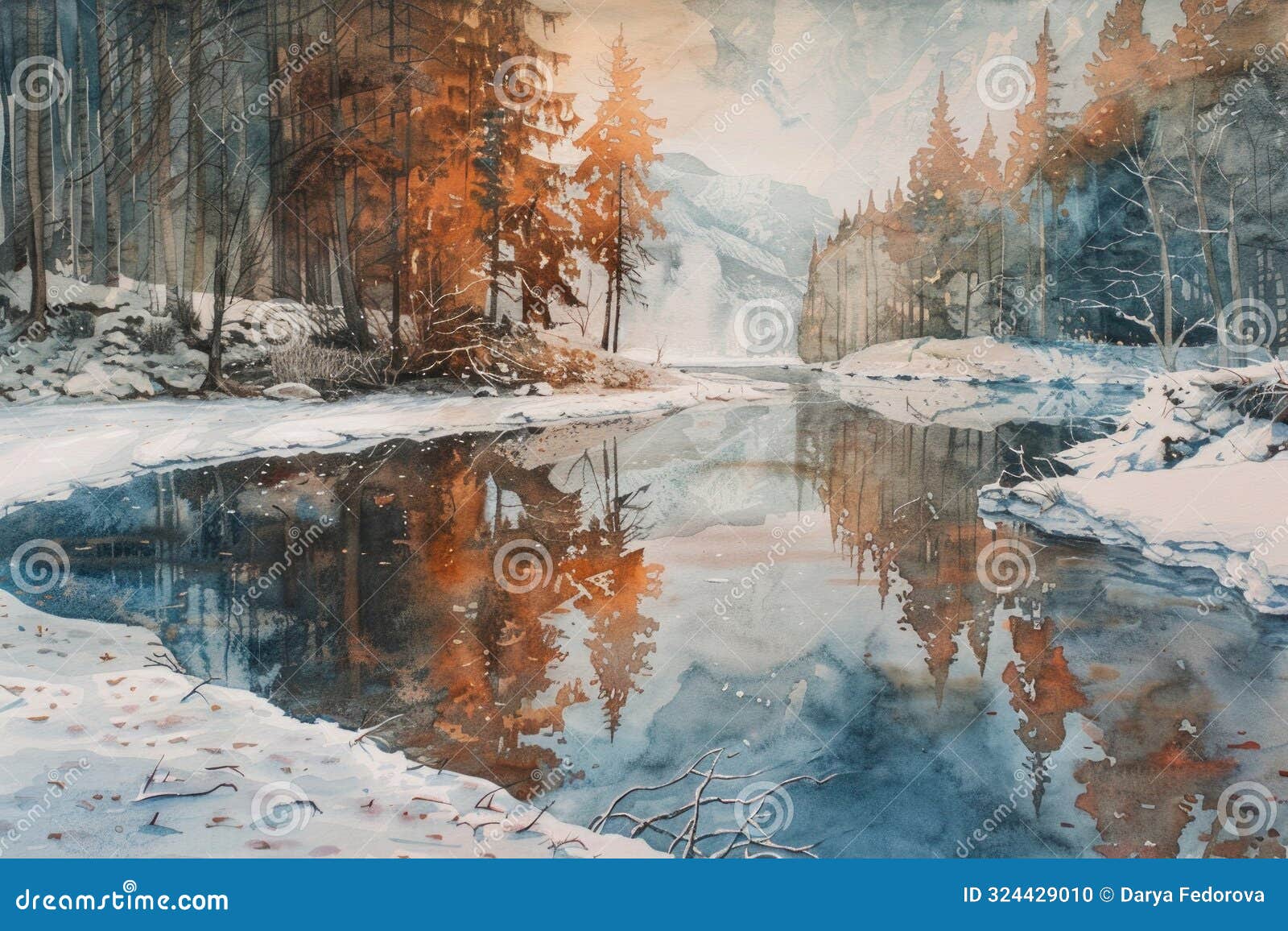 Serene Watercolor Landscape Of Lakeside Forest Path At Sunset Royalty ...