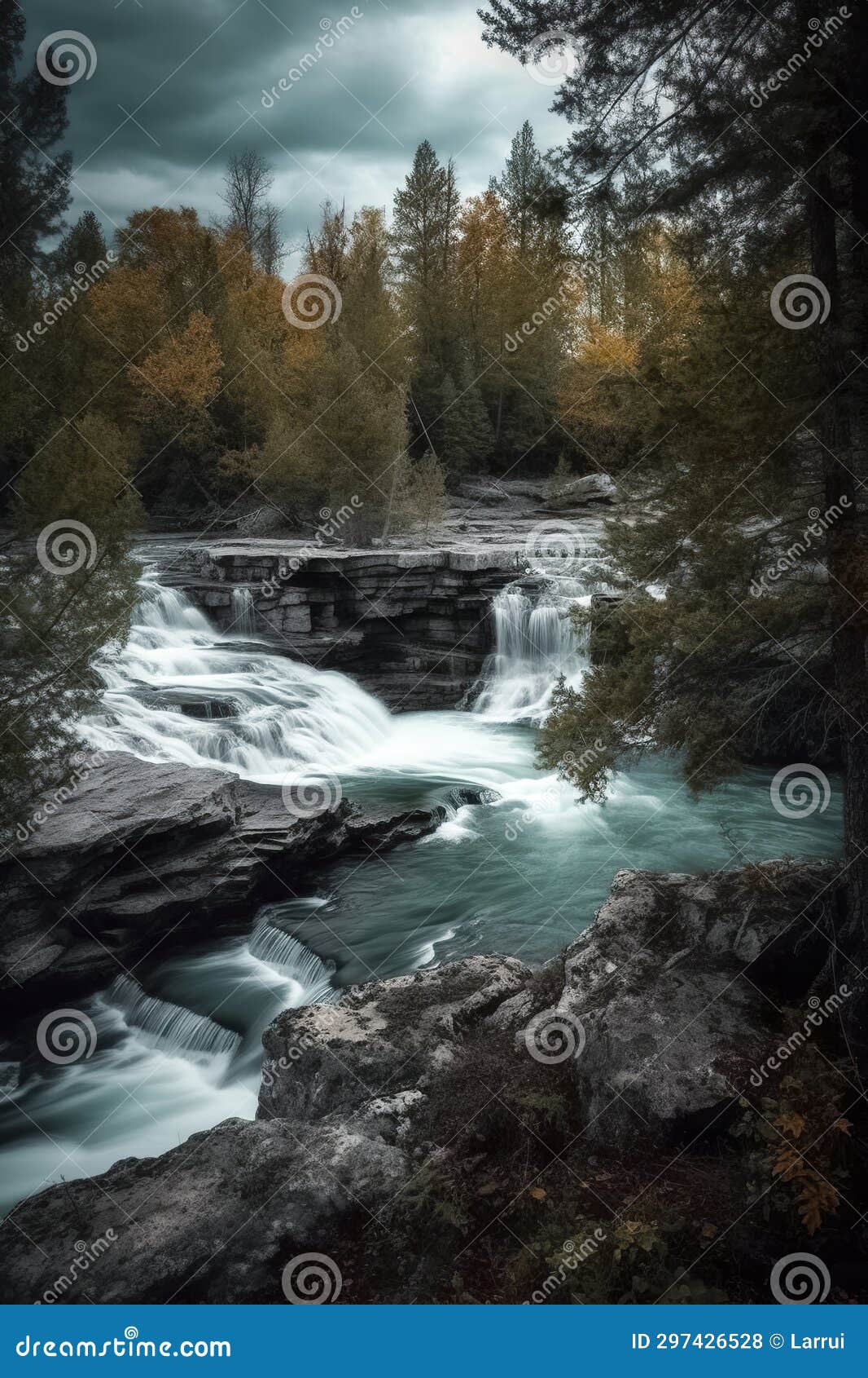 A Serene Waterfall Amidst the Autumnal Splendor of a Forest, Ai ...