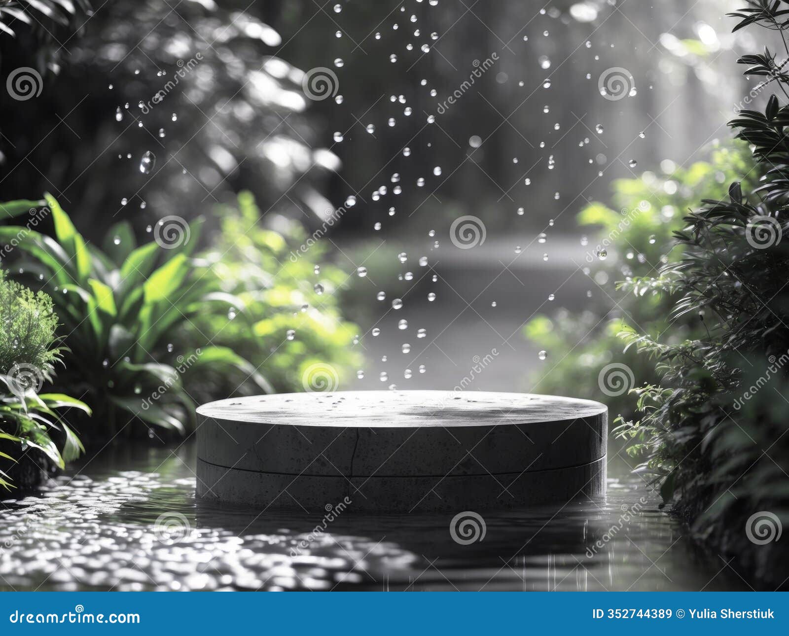 Serene Waterfall Display with a Circular Stone Podium Nestled Amidst ...
