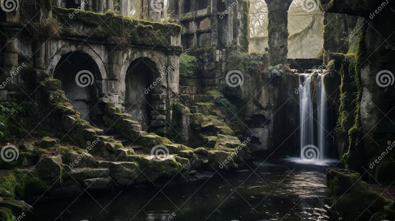 Serene Waterfall Flows through Ancient Castle Ruins in Long Exposure ...