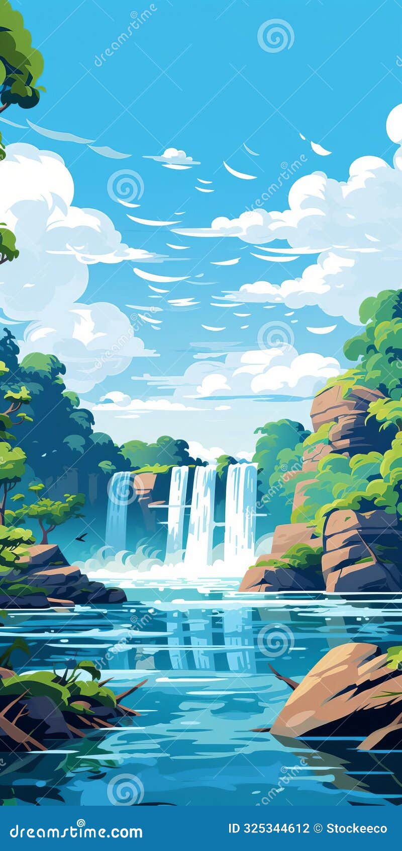 Serene Waterfall River Scene with Kayak and Tropical Colors Stock ...