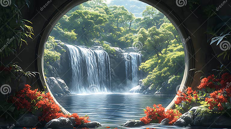 Serene Waterfall View through a Circular Window, Lush Greenery ...