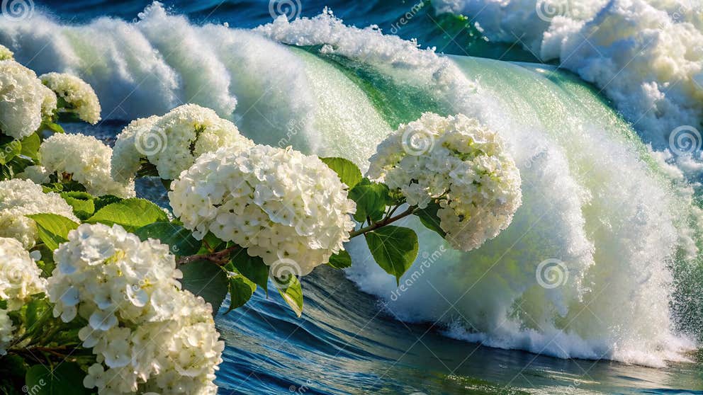 Serene White Hydrangea Wave Delicate Petals Mimic Oceans Gentle Motion Stock Illustration ...