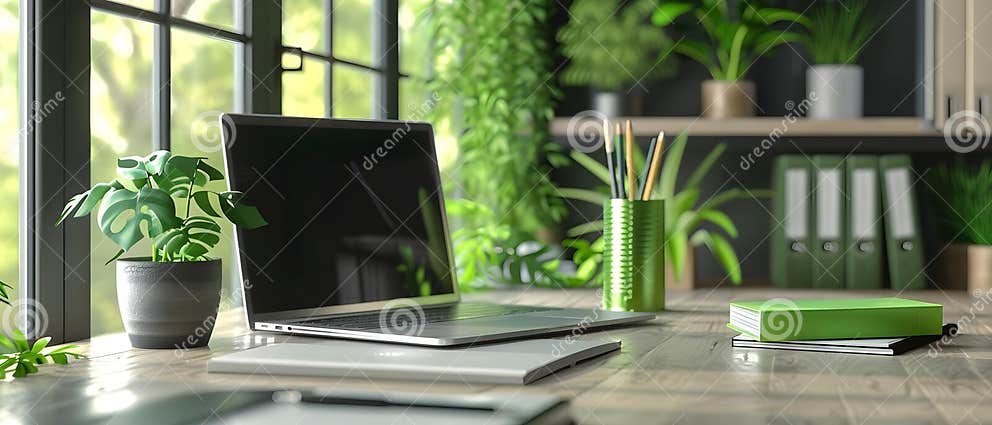 Serene Workspace with Greenery and Laptop. Concept Workspace, Greenery ...
