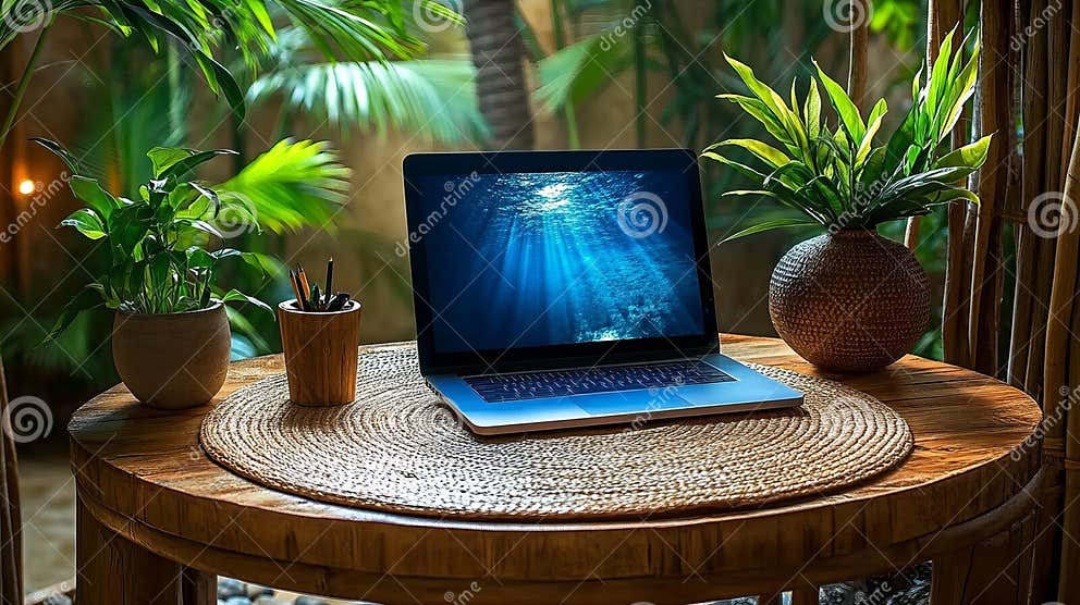 Serene Workspace with Laptop and Greenery in Tropical Setting Stock Illustration - Illustration ...