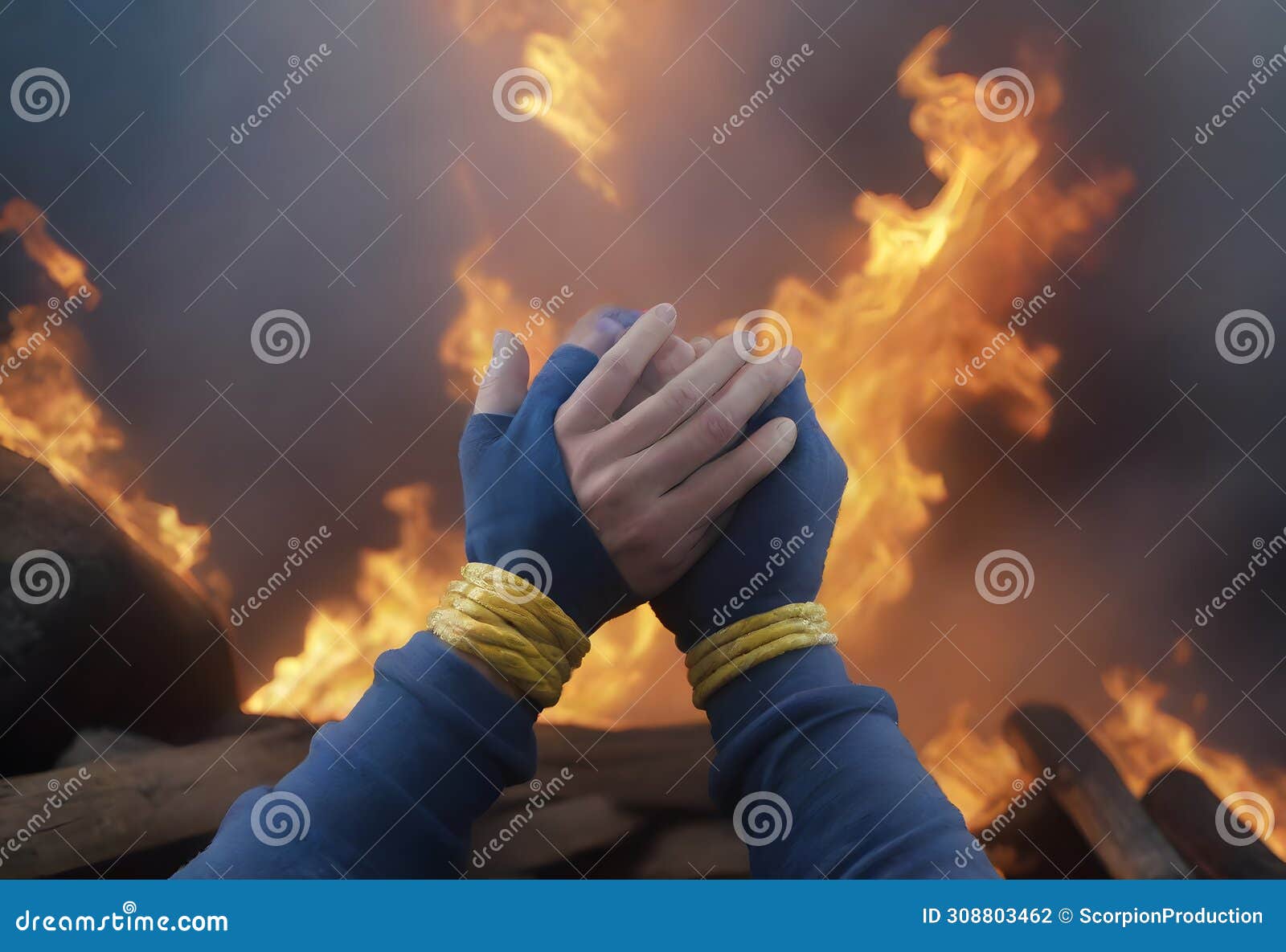 Serenity Amidst Flames: Bound Hands Surrender Stock Photo - Image of ...