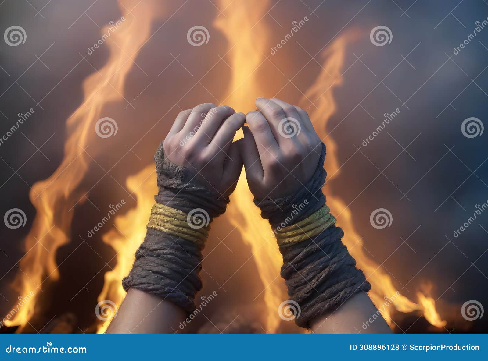 Serenity Amidst Flames: Bound Hands Surrender Stock Illustration ...
