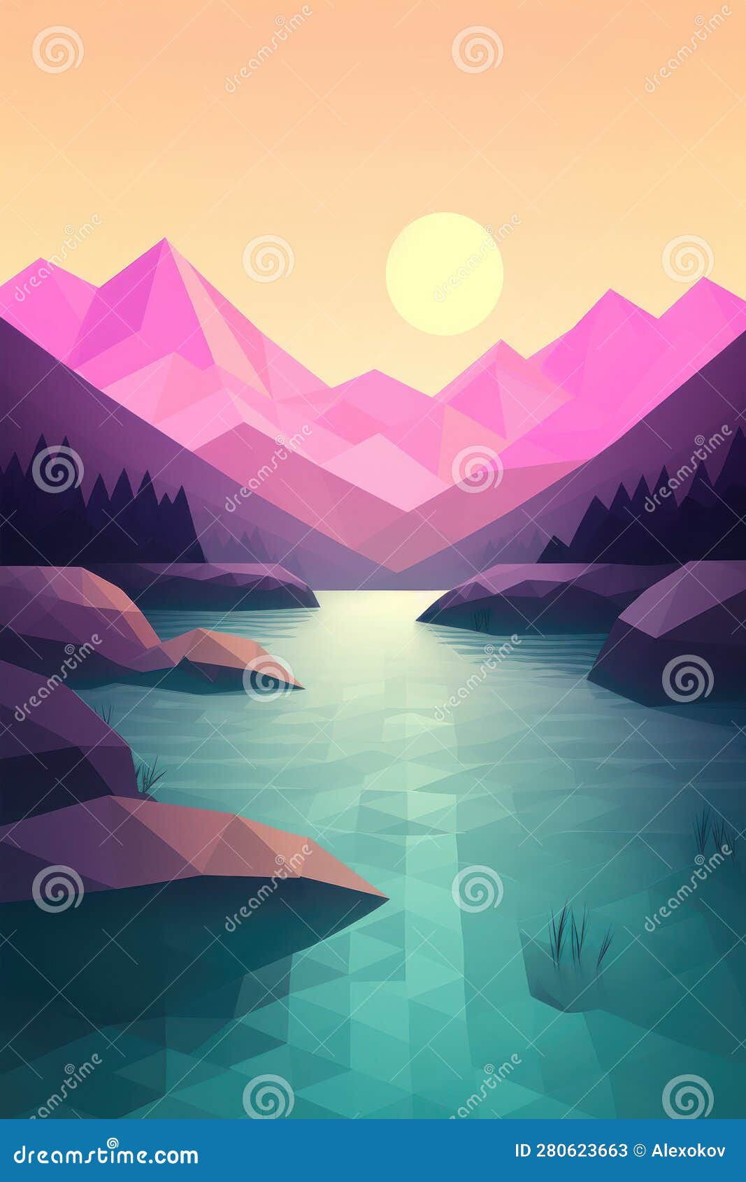 Serenity in Minimalistic River Landscape with Geometric Mountains ...
