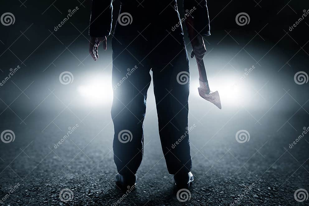 Serial Killer with Bloody Ax Stock Image - Image of evil, death: 227484039
