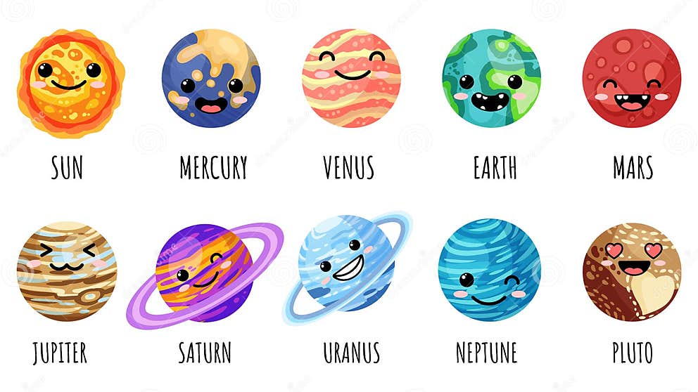 Serie Di Vignette Sui Pianeti Kawaii Stelle E Satelliti. Insieme Di ... Serie Di Vignette Sui Pianeti Kawaii Stelle E Satelliti. Insieme Di ...