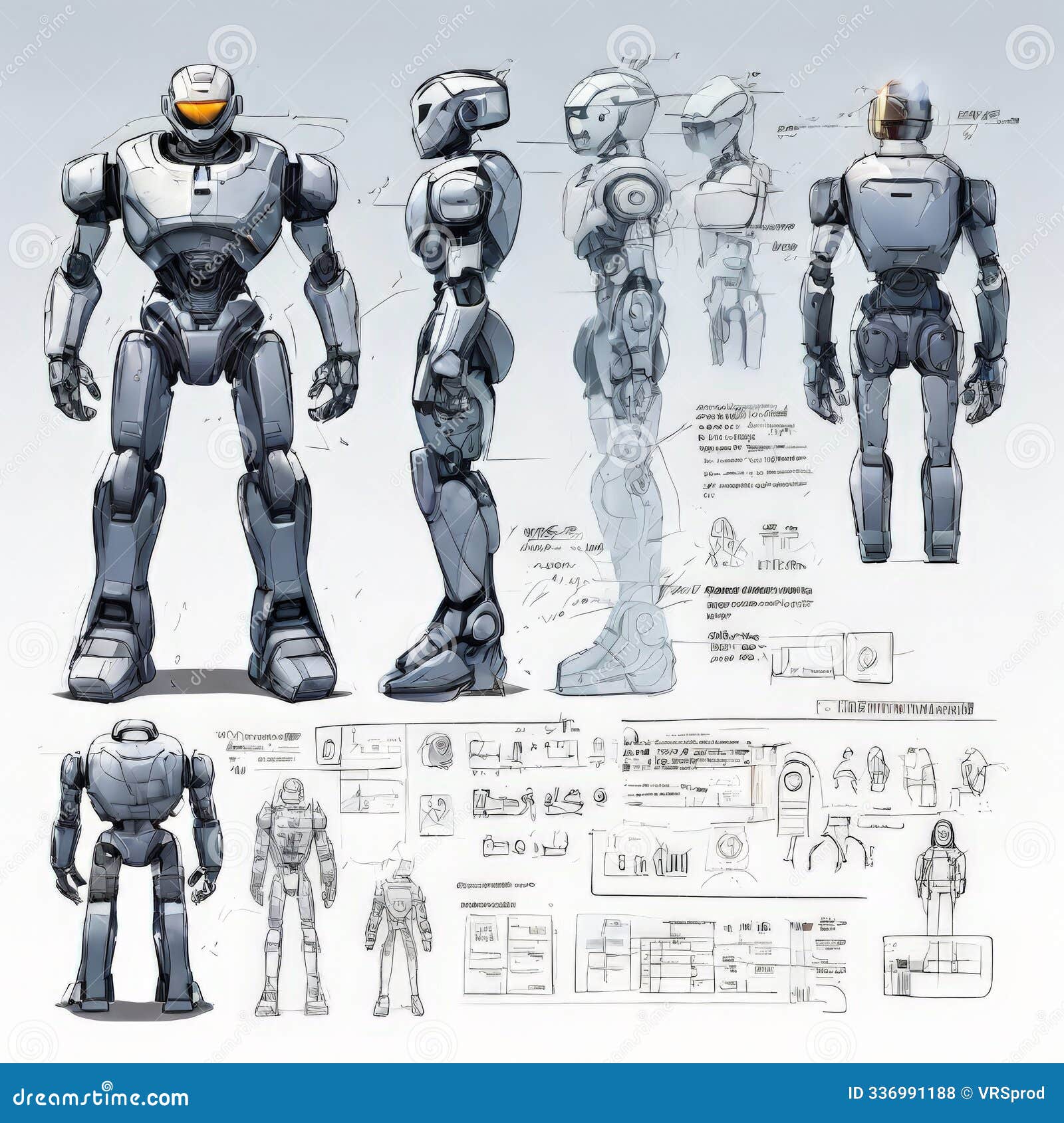 Concept Sketches of Futuristic Robot in Various Angles with Technical ...