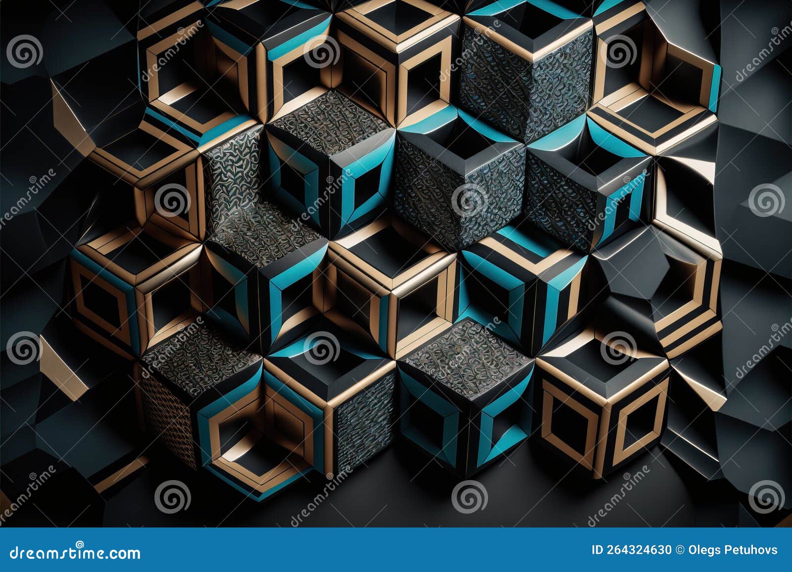 A Series of Cubes with a Black Background and a Blue Center and a Gold ...