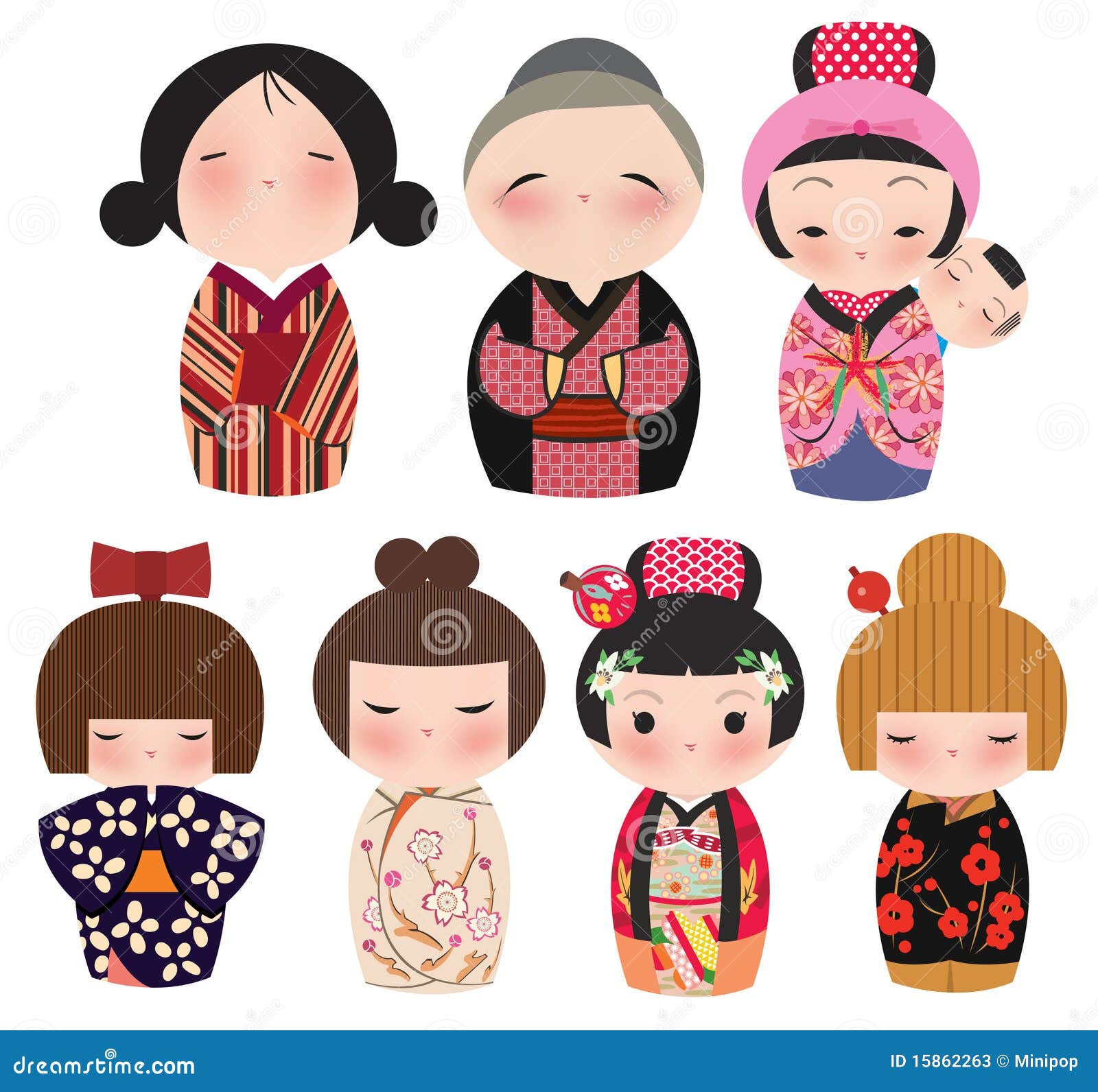 A Series of Cute Japanese Kokeshi Characters. Stock Vector ...