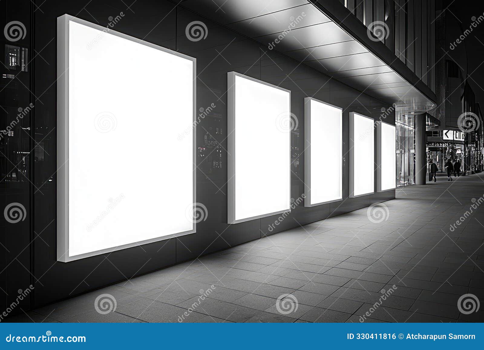 A Series of Empty White Lightboxes Line a Modern Storefront, White ...
