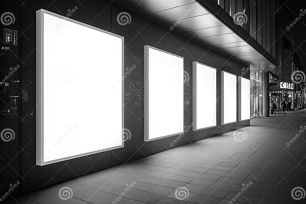 A Series of Empty White Lightboxes Line a Modern Storefront, White ...