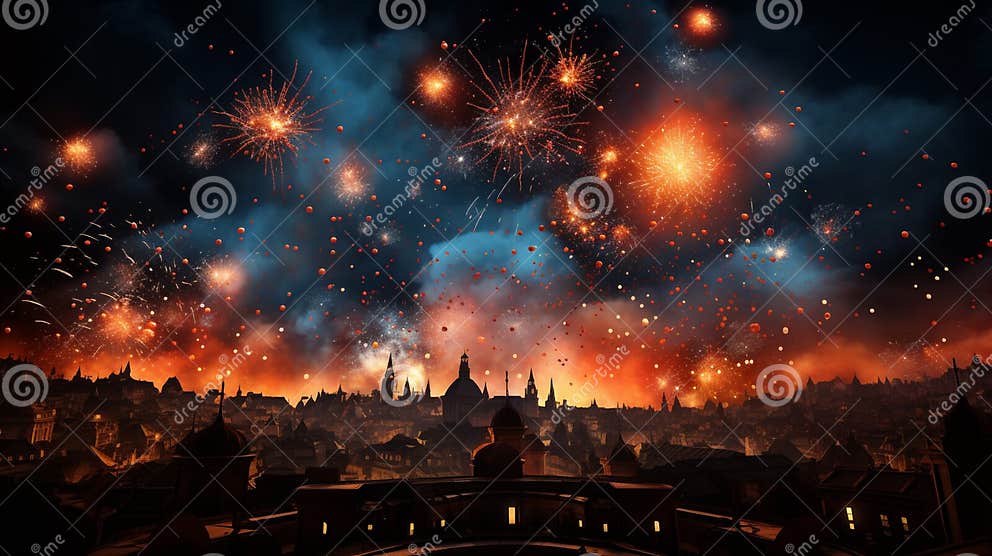 A Series of Firecrackers Burst Sequentially in the Night Sky Stock ...