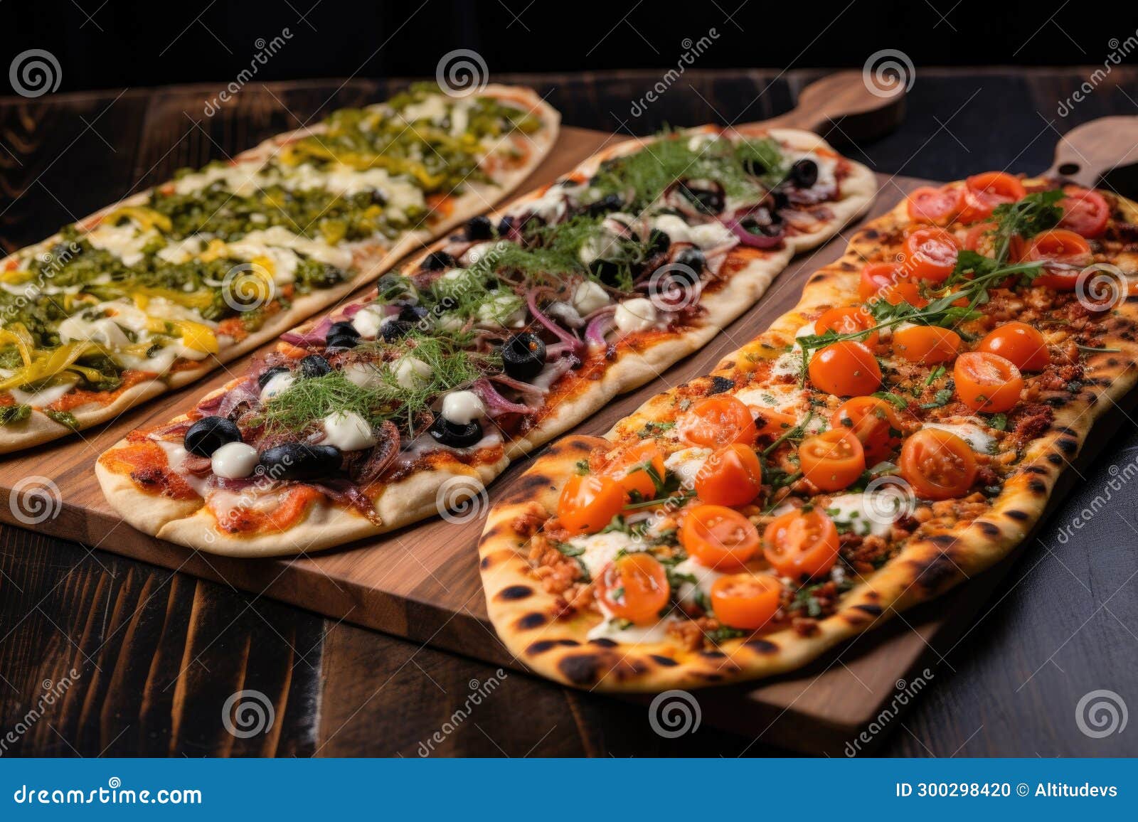 A Series of Flatbread Pizzas with Various Toppings, Lined Up for ...