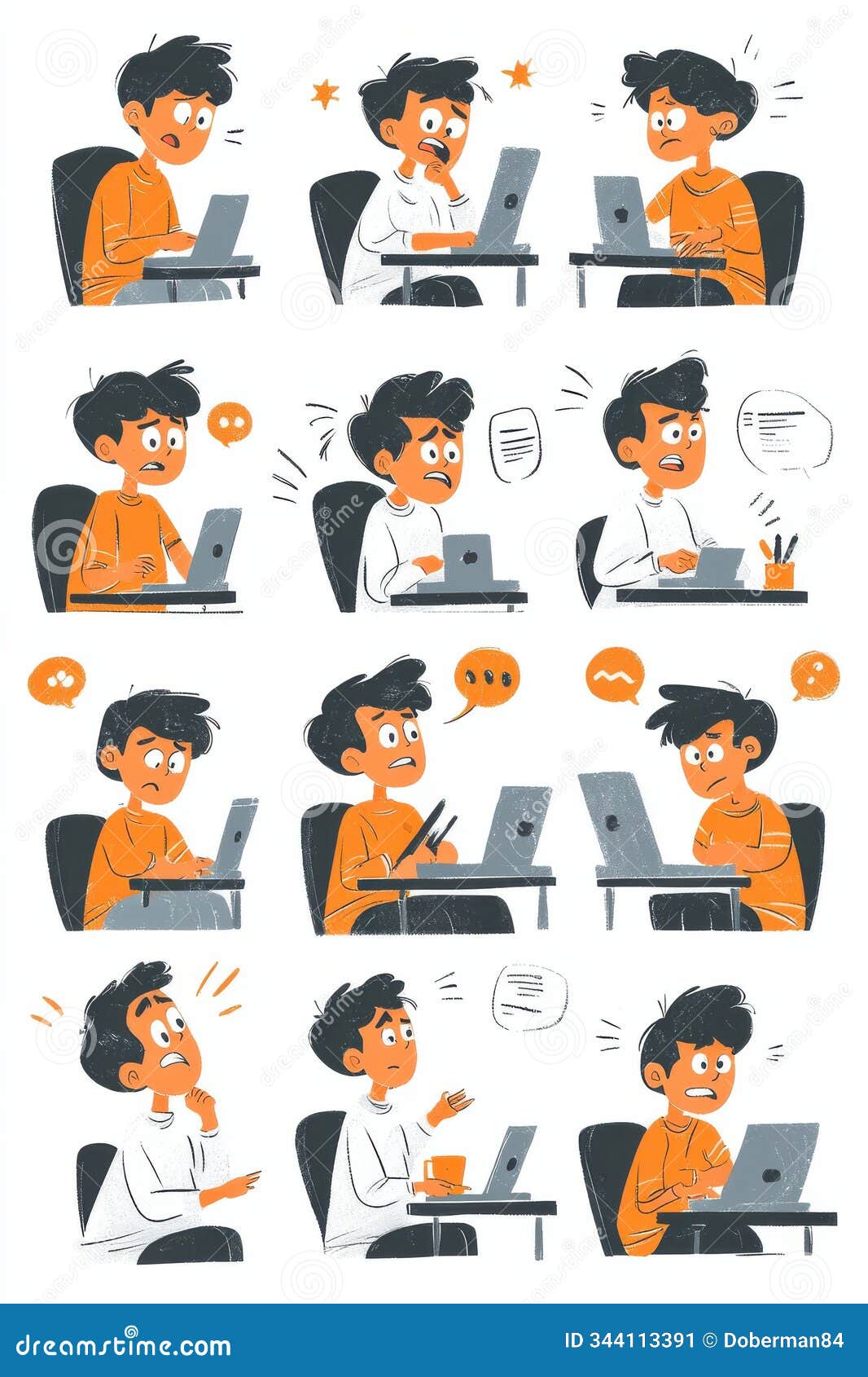 Animated Characters Showing Various Emotions while Using a Laptop Stock ...