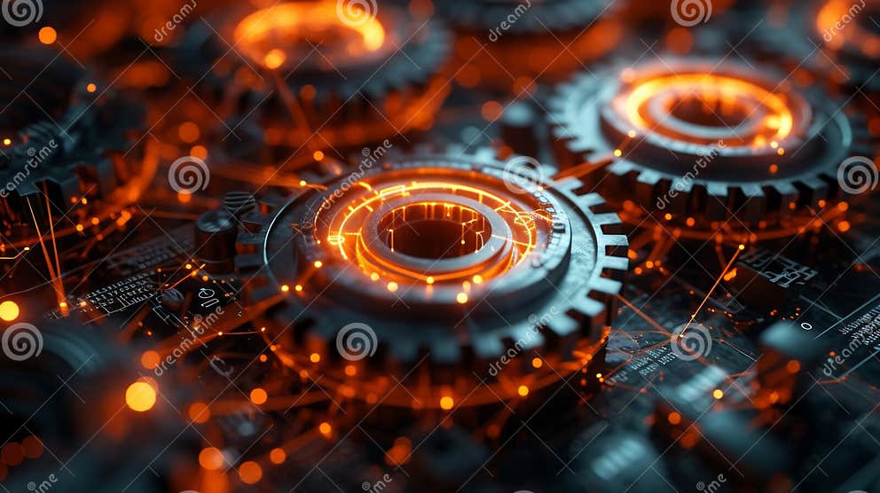 A Series of Interconnected Gears and Data Streams Representing the Seamless Flow of Information ...