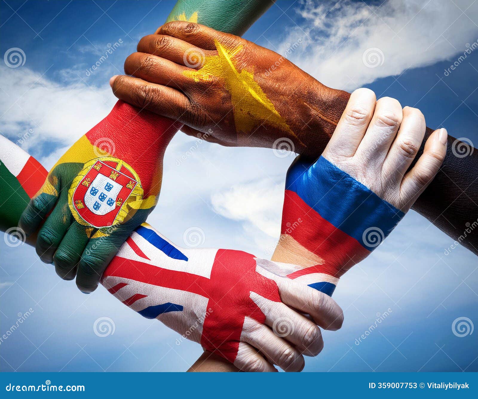 A Series of Interconnected Hands, Painted with National Flags, Forming ...