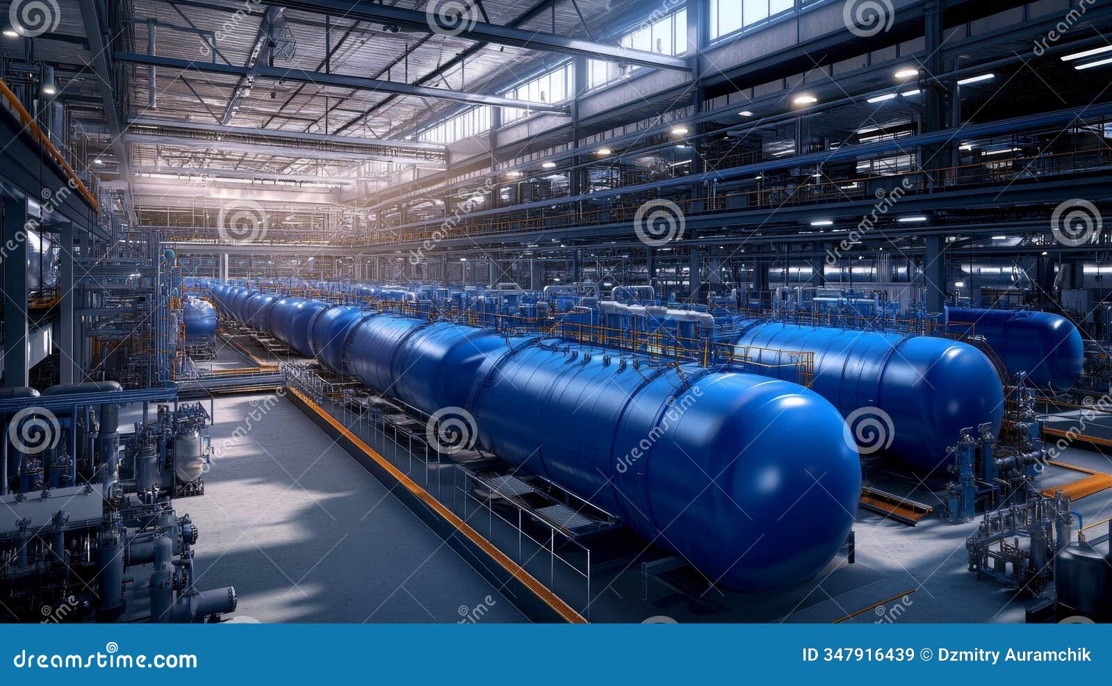 A Series of Large, Blue Hydrogen Tanks in an Industrial Environment ...