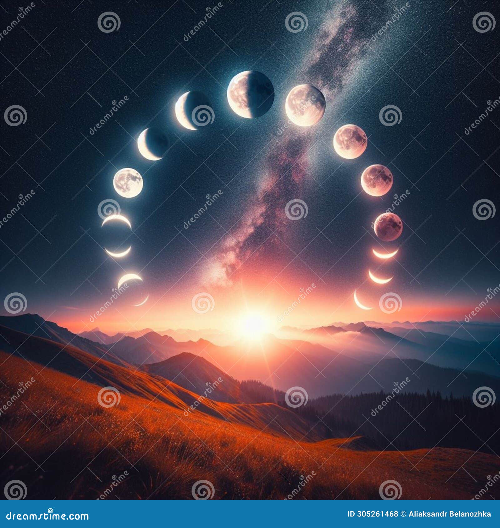 Series of Phases of the Moon Over a Beautiful Landscape of Rolling ...