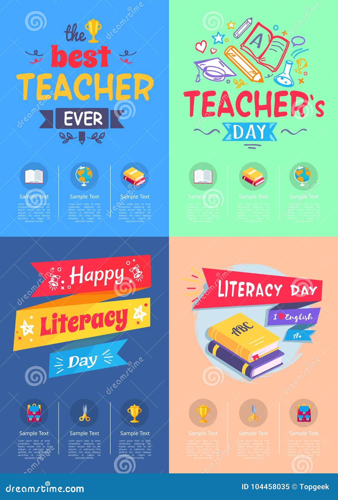 Literacy And Teachers Day Isolated Stickers Set Cartoon Vector ...