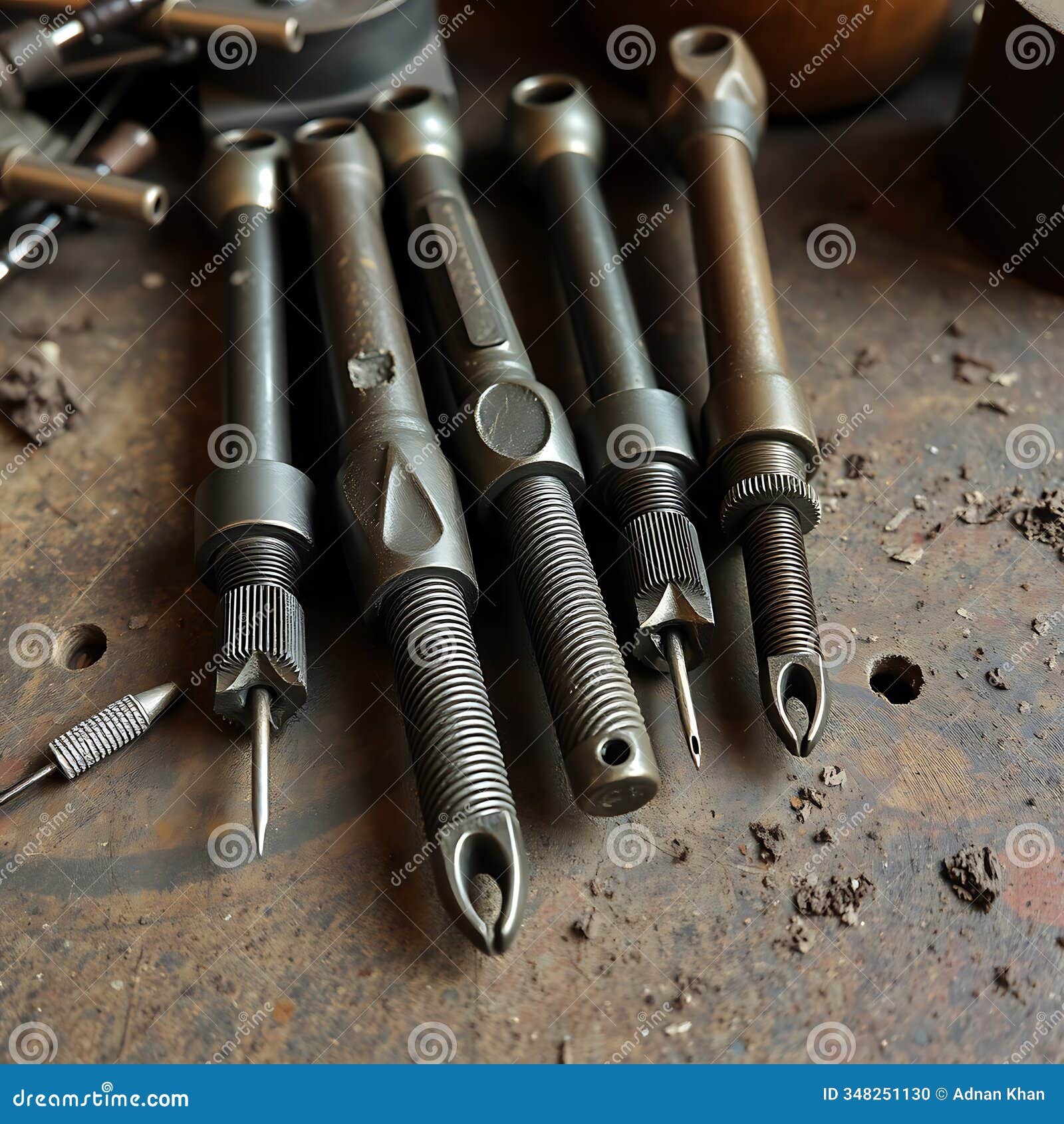 A Series of Threading Tools on a Dusty Workbench with Worn Out Surfaces ...