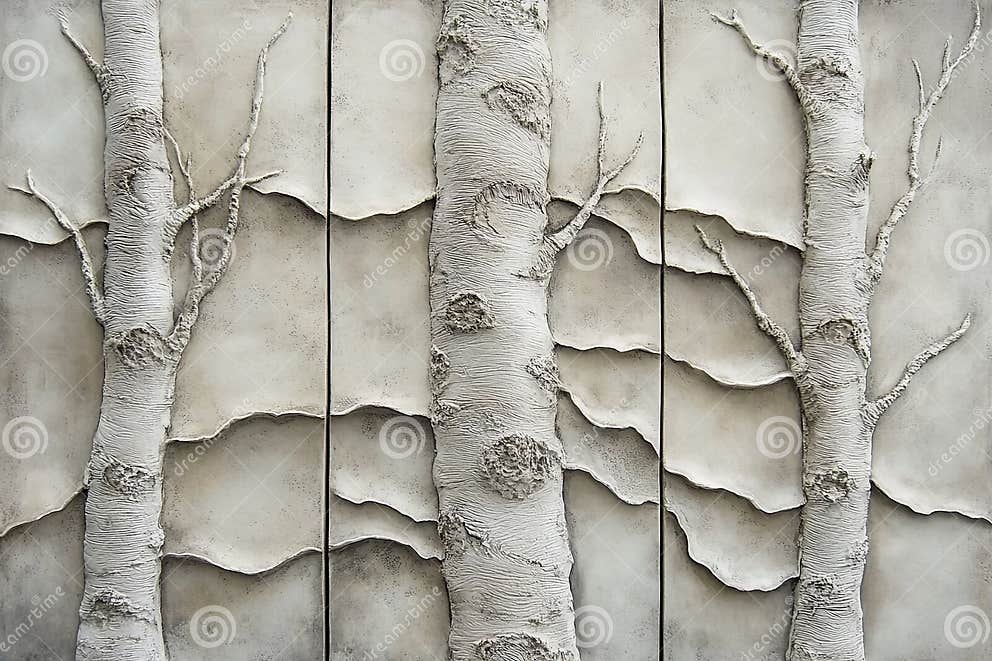 A Series of Three Panels - Sculpted Stucco Artwork of Birch Tree Stock ...