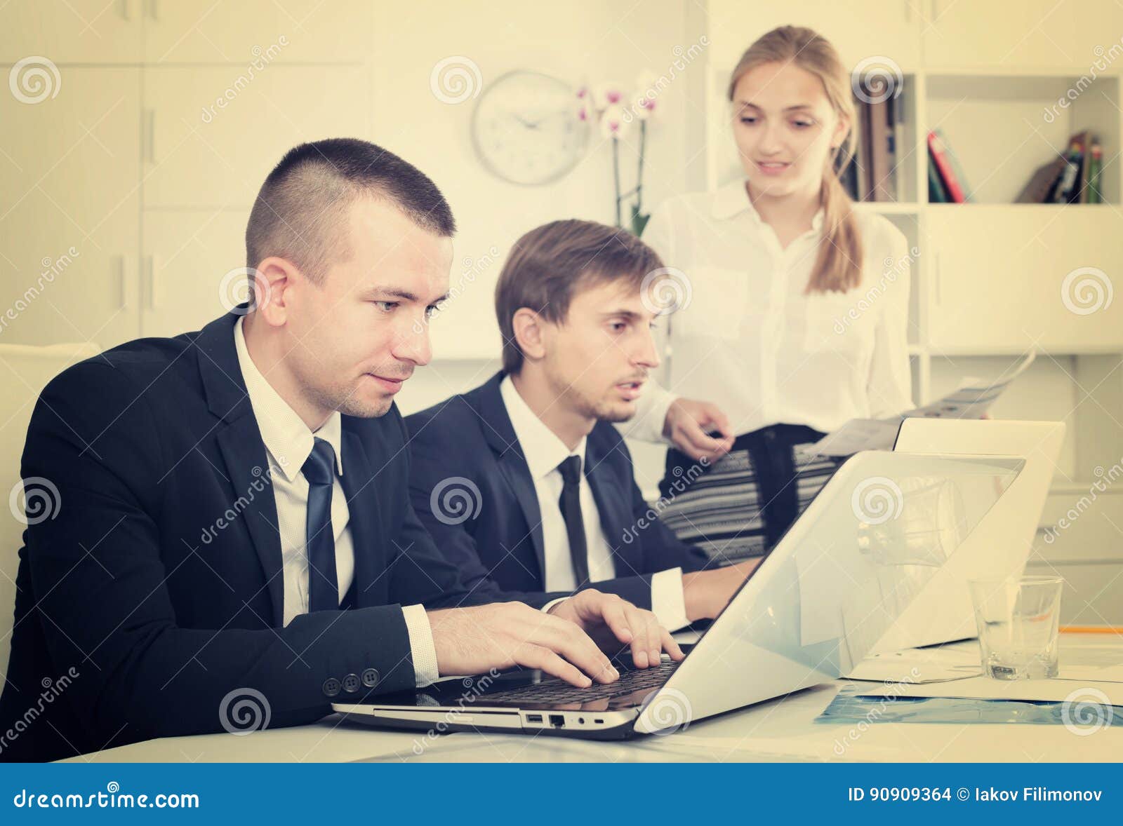 Serious Active Man Manager Working with Colleagues in Office Stock ...