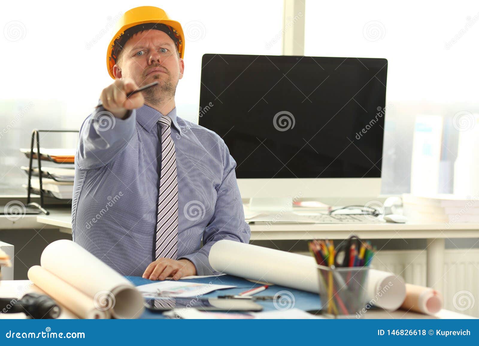 Serious Architect Working on Construction Outline Stock Photo - Image ...