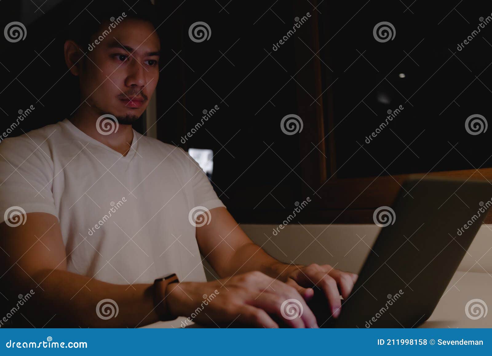 Serious Man is Working with Laptop at Night. Concept of Work Hard and ...