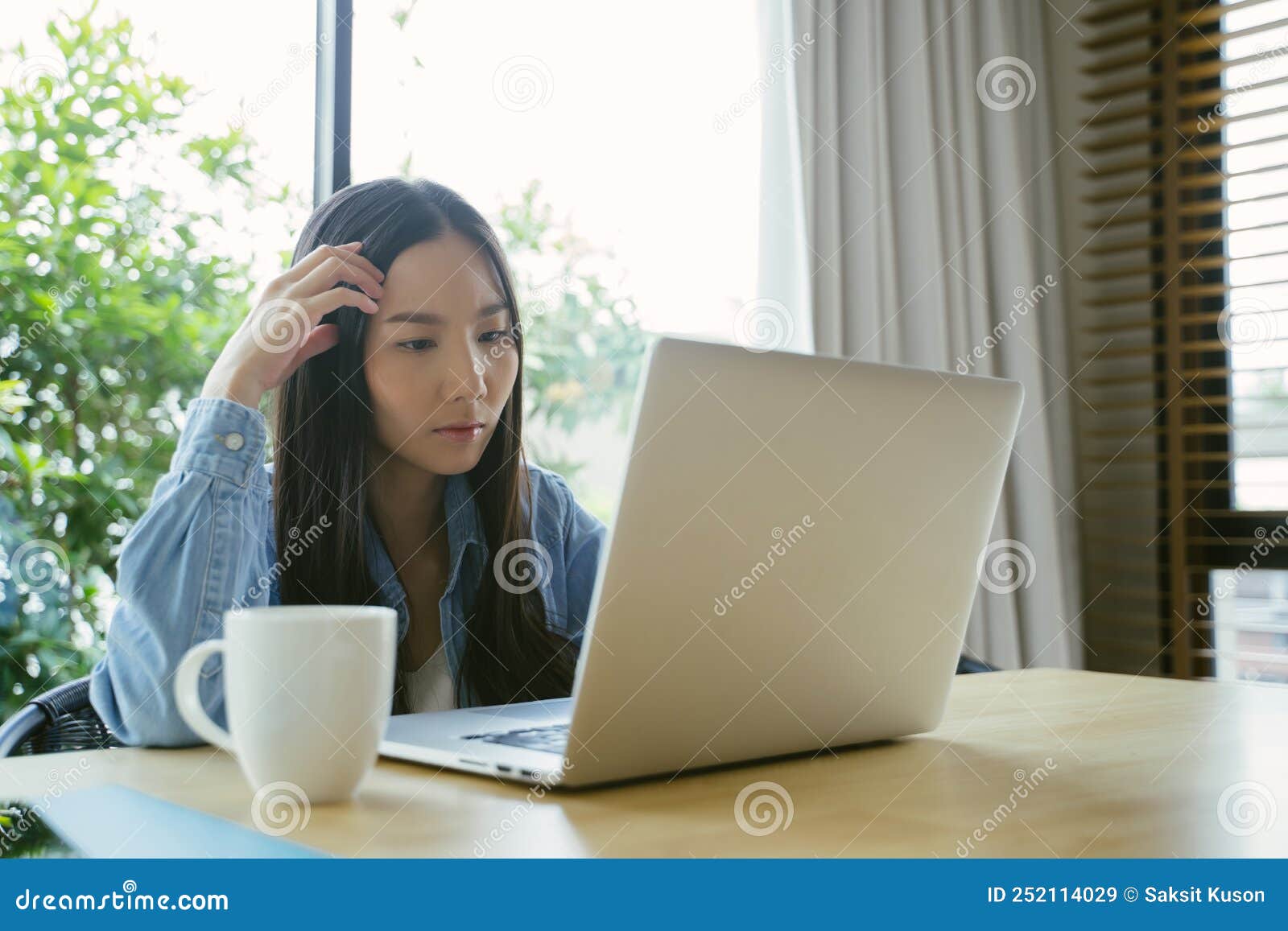 Serious Asian Woman Using a Laptop Working at Home. Stock Image - Image ...