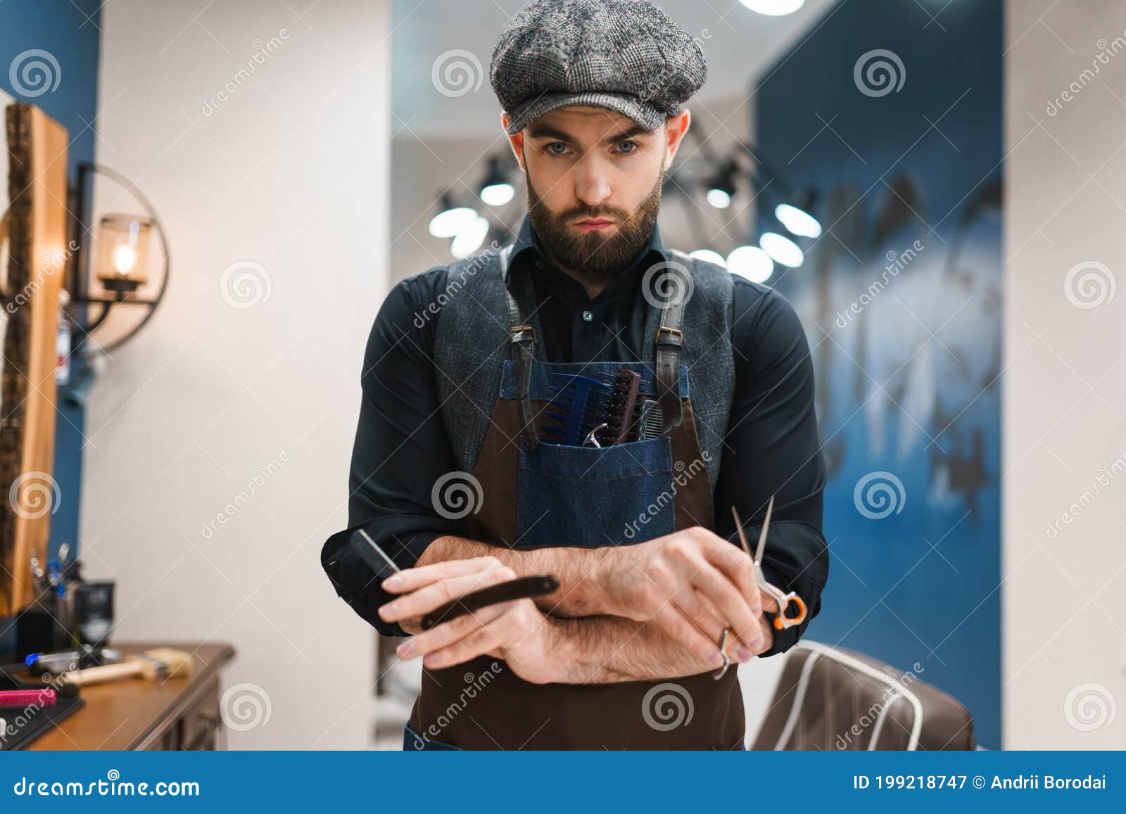 Serious Barber with Scissors and Razor in Hands. Stock Image - Image of ...