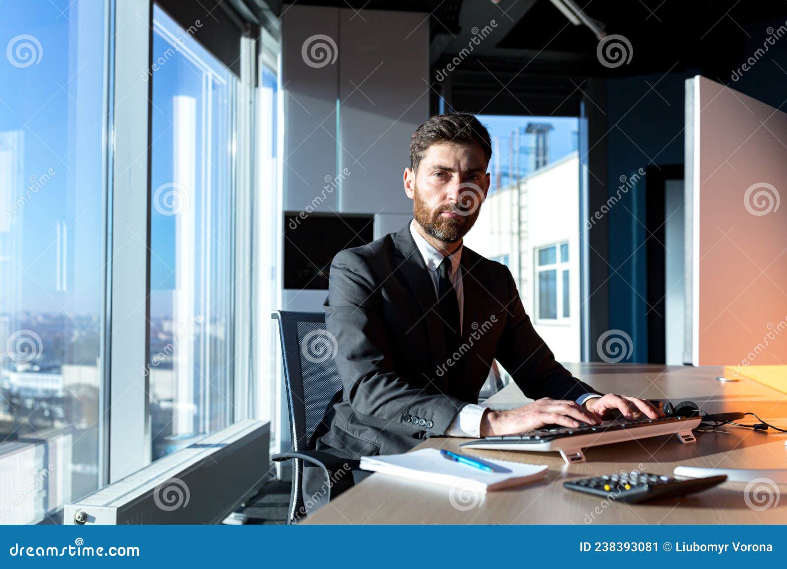 Serious Bearded Businessman Boss Working at Computer in Modern Office ...