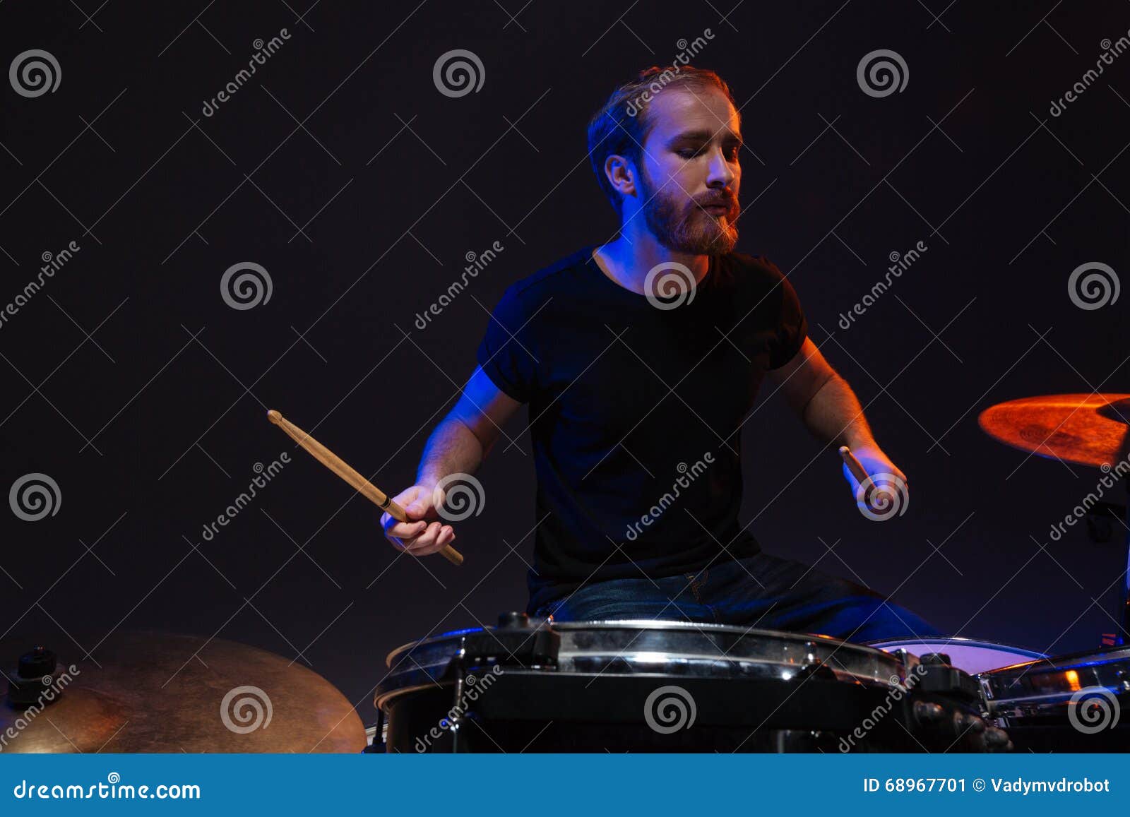 Concentrated Drummer Beating Drums Hard To Spice Up Nightlife In Mexico ...
