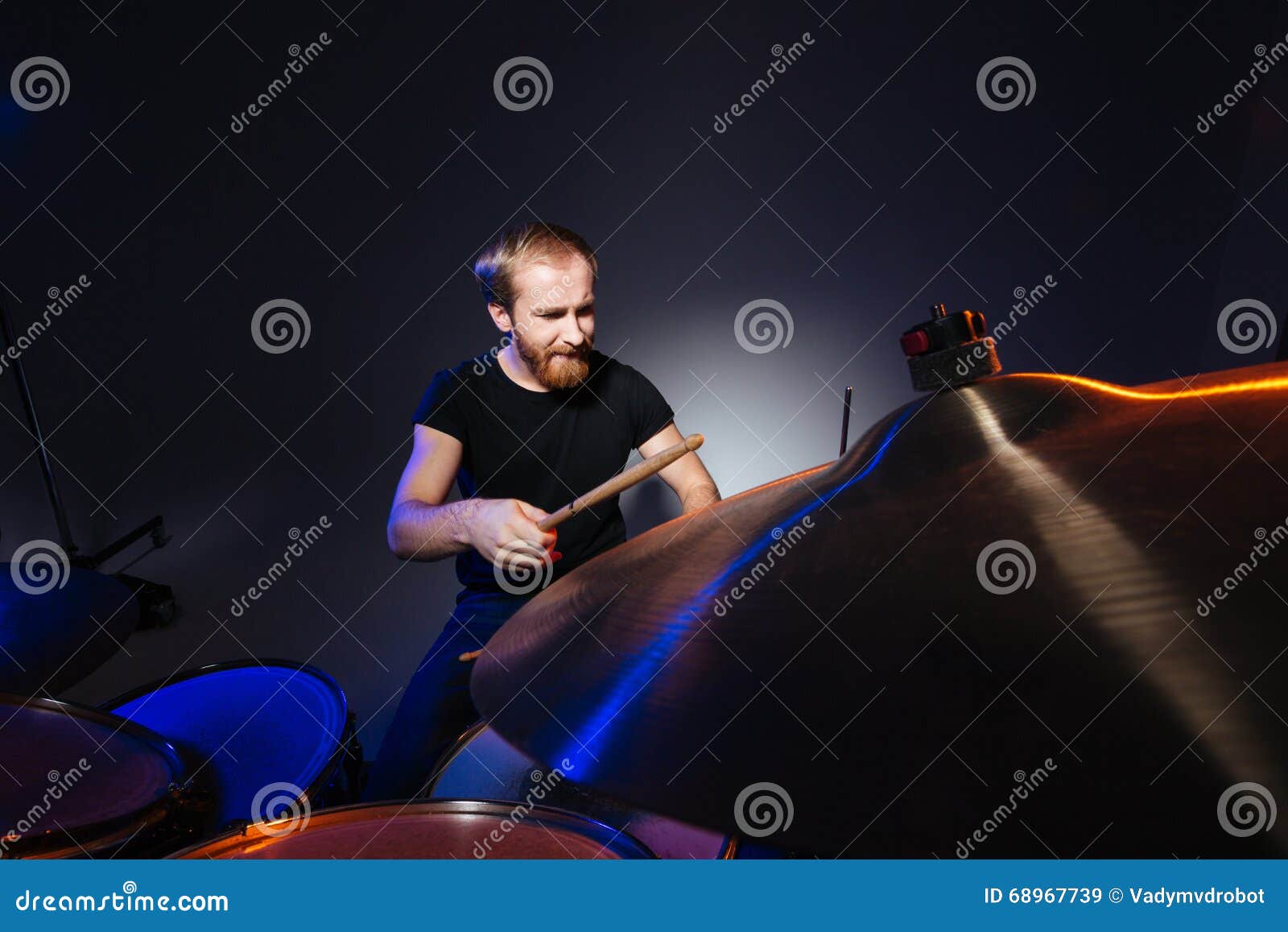 Serious Bearded Man Drummer Playing on His Kit Stock Image - Image of ...