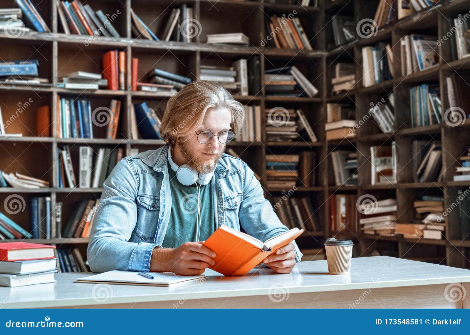 Serious Bearded Young Man Glasses Sit Library Read Book Hobby Education