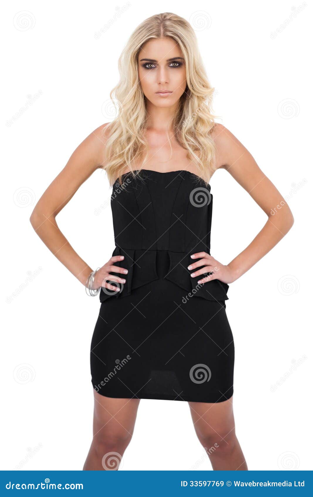 Serious Blonde Model in Black Dress Posing Hands on the Hips Stock ...