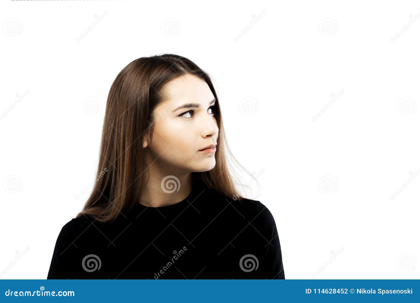 Serious Brunette Girl Looking on Her Left Stock Photo - Image of care ...