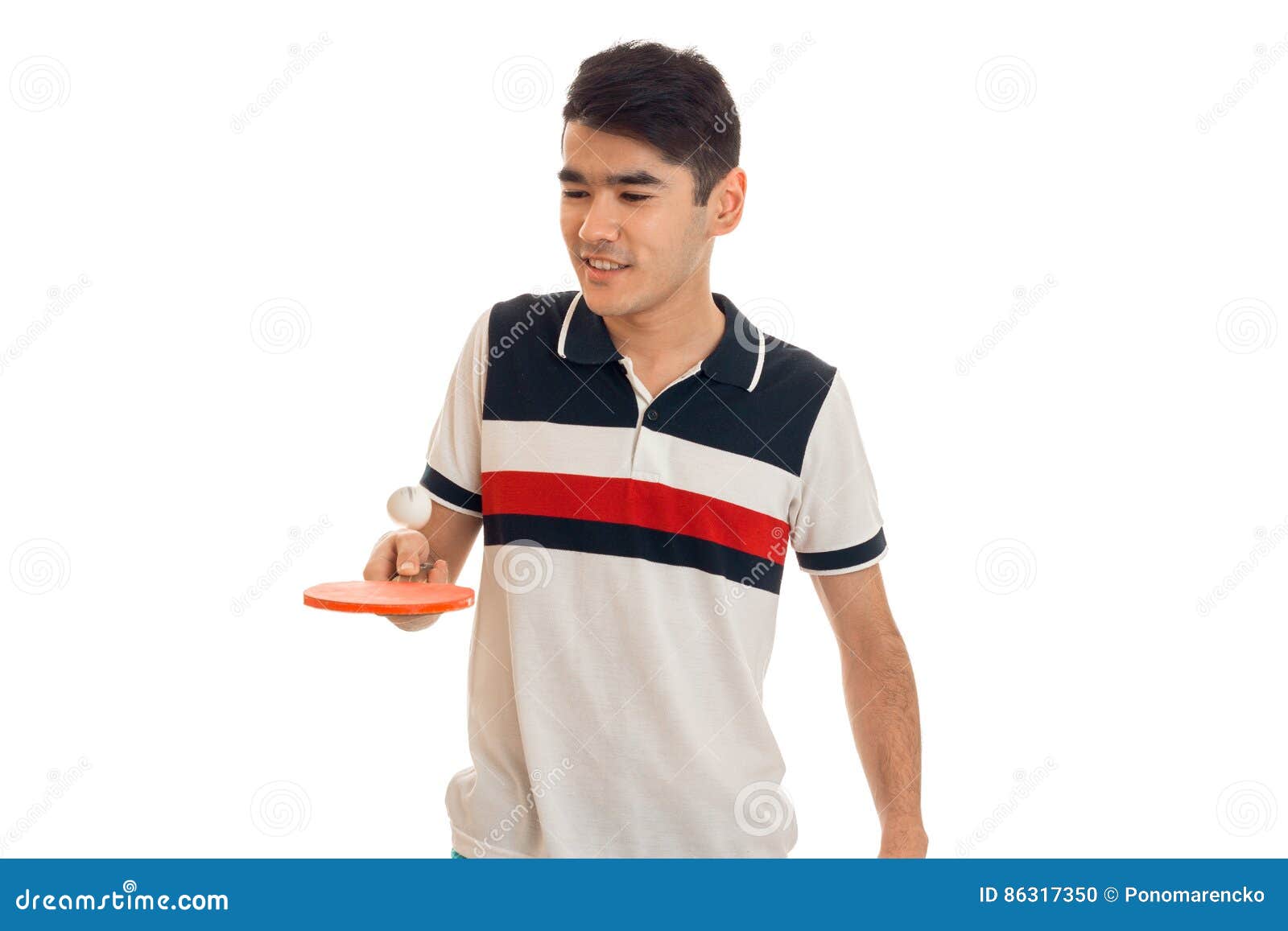 Serious Brunette Sports Man Practicing Ping-ping Isolated on White ...