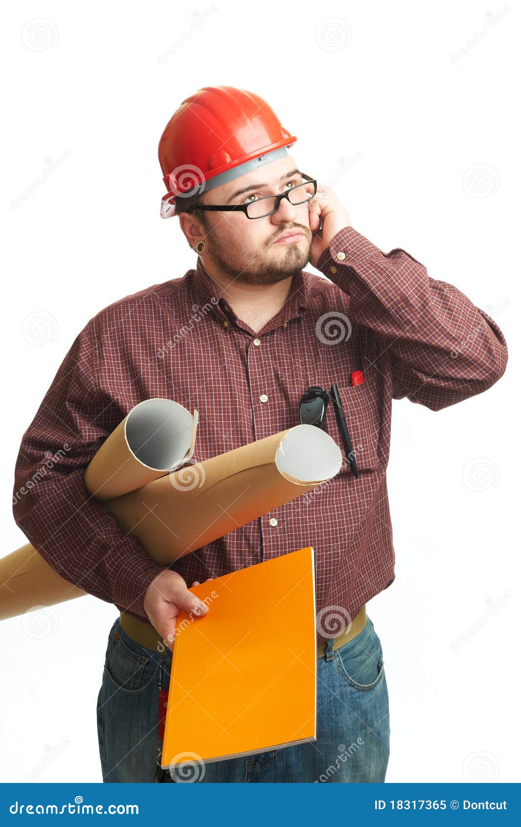 Serious Builder in Glasses and Red Hard Hat Stock Image - Image of ...