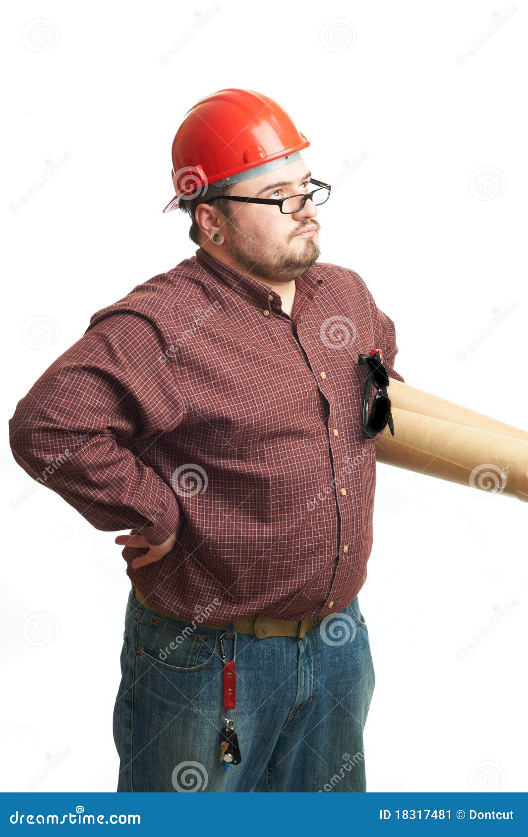 Serious Builder in Glasses and Red Hard Hat Stock Image - Image of ...